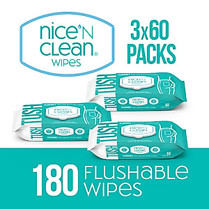 Nice 'N Clean Adult Flushable Wipes (3 x 60 Count) | Personal Cleansing Wipes Made from Plant-Based Fibers | Infused with Aloe & Vitamin E