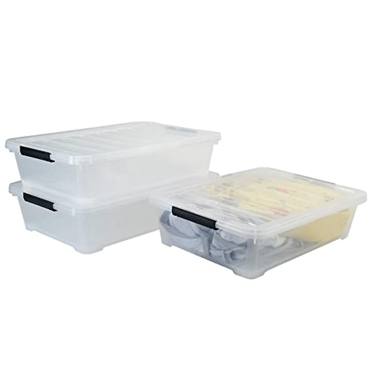 Yarebest 3-pack Large Underbed Storage Box, Shallow Clear Storage Bins with Lids and Wheels, 40 Quart