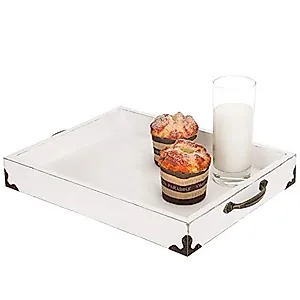 MyGift Vintage White Wood Large Decorative Serving Tray with Antique Handles and Metal Corner Accents, Rectangular Ottoman Breakfast Tray