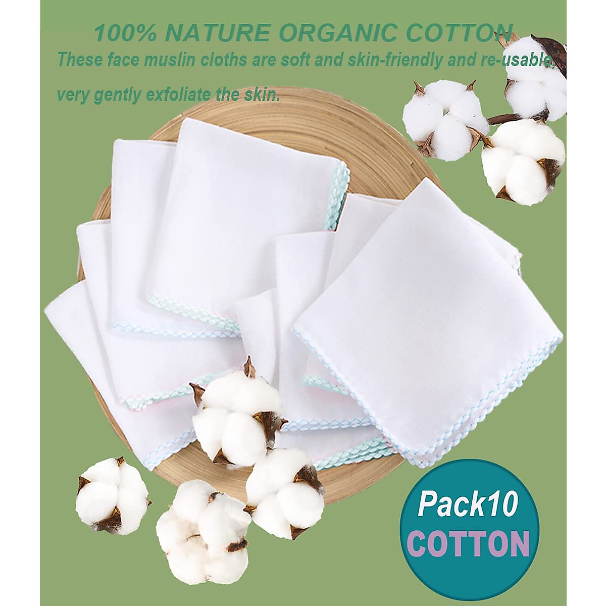 Yaosan Soft Face Muslin Cloths Pure Cotton Facial Cleansing Cloths Reusable Polishing Cleanser- Pack 10 (Blue Edge)