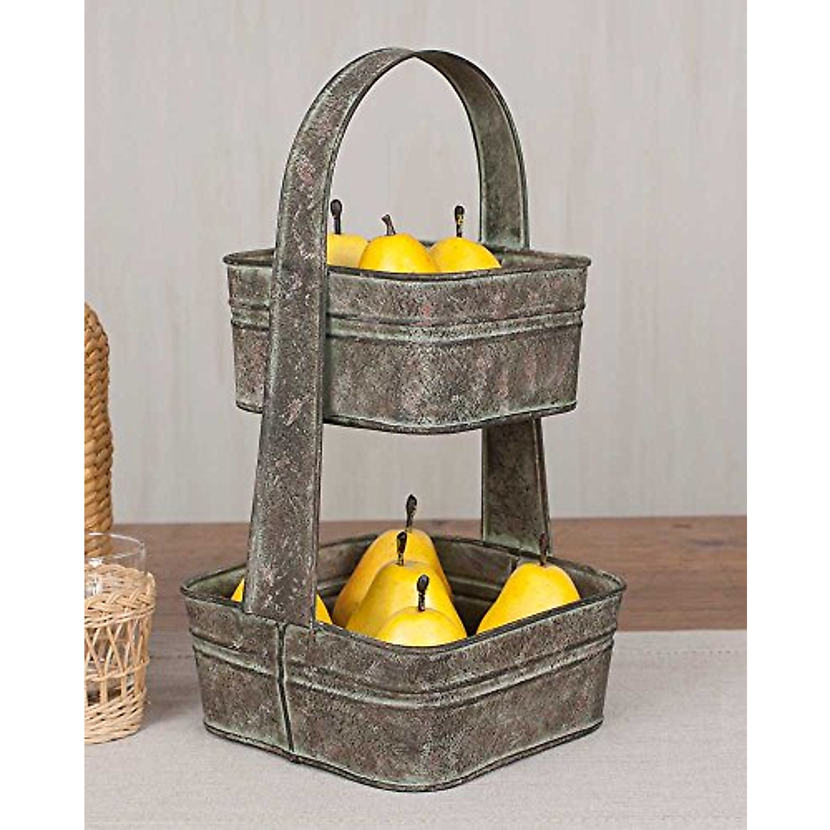 CTW Home Collection Two Tier Square Tote Metal Fruit Bowl Kitchen Supplies, 7.5" x 7.5" x 13.5", Gray
