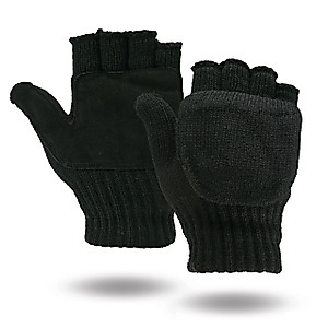 Illinois Glove Company 361L Rag Wool Glomitt Flip Mitten 3M Thinsulate Lined Soft Leather Grip Palm L Black, Soft Leather Palm for Grip, Elastic Wrist, Mitten Flips Open to Expose Fingerless Gloves