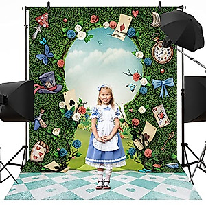 Newsely Wonderland Tea Party Photo Backdrop 5Wx7H Photography Key Hold Checkerboard Green Grass Fence Decorations Background for Newborn Baby Shower Fairy Castle Tale Tapestry Banner Props Supplies