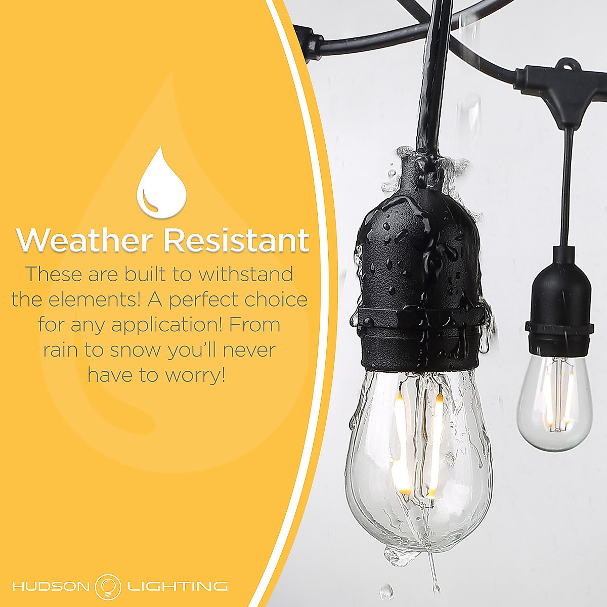 Hudson Lighting Outdoor String Lights - LED - for Patio, Garden, Deck, Backyard, Gazebo - 48 Feet - S14 – 15 Hanging Sockets - E26 Base - 2 Watt