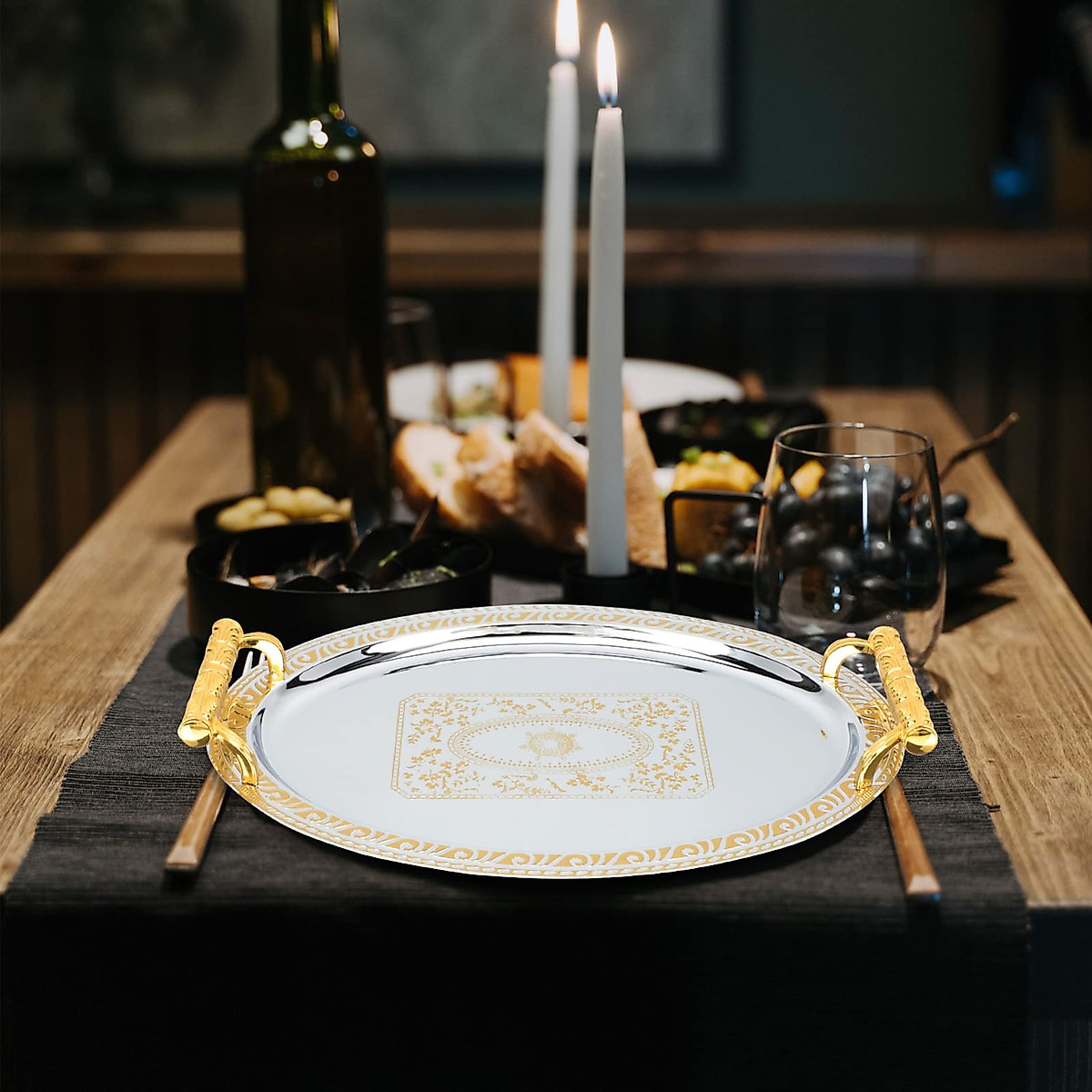 SHERCHPRY Stainless Steel Tea Tray, Tea Serving Platter,Serving Platter with Handles, European Serving Tray for Food Fruit Coffee Tea