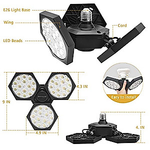 JACKYLED Ultra-Bright LED Garage Light 60W High Brightness 6900LM CRI80 Deformable Trilights Garage Lights Adjustable Light with 3 Panel Shop Light for Garage Basement Warehouse