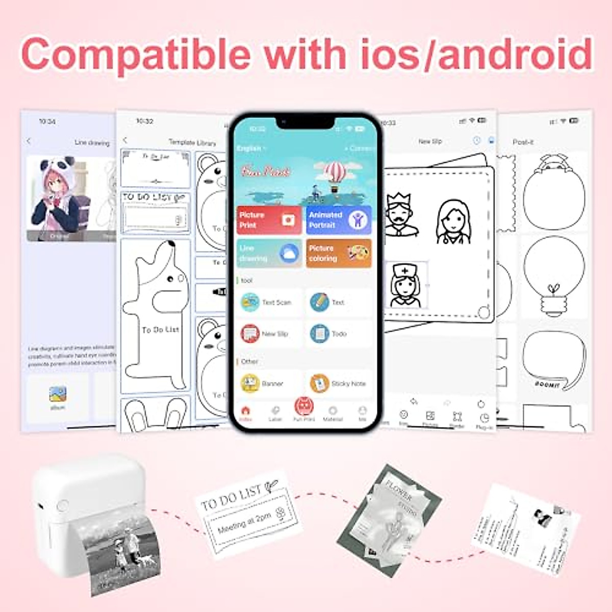 Operitacx Mini Sticker Printer, Portable Mini Thermal Printer with 10 Rolls Paper 5 Pens, Print Pod Inkless Pocket Printer for Notes Pictures, Compatible with Android & iOS