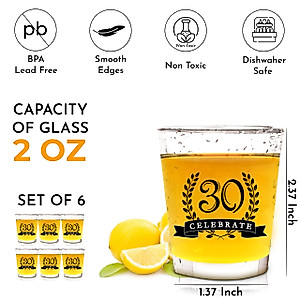 Bisyata 30th Birthday Shot Glass Gift Set for Him or Her - 30 Birthday Party Decorations for Women or Men - 2oz Shot Glasses - Set of 6 - With Gift Box