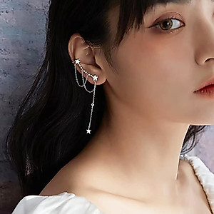 Reffeer Solid 925 Sterling Silver Star Cuff Earrings Chain Dangle for Women Star Wrap Earrings Crawler (A-Silver)