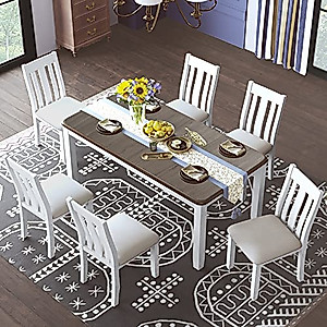 Merax Retro Style 7-Piece Dining Set, Include Extendable Table and 6 Upholstered Chairs, Brown+White(7pcs)