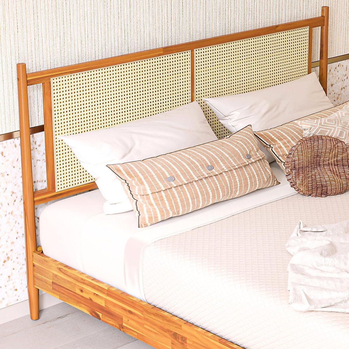 Bme Oliver King Bed Frame and Headboard - 15-Inch Signature Design with Rattan Headboard, Bohemian and Mid Century Style, 12-Slat Wood Support, No Box Spring Needed - Easy Assembly, Caramel