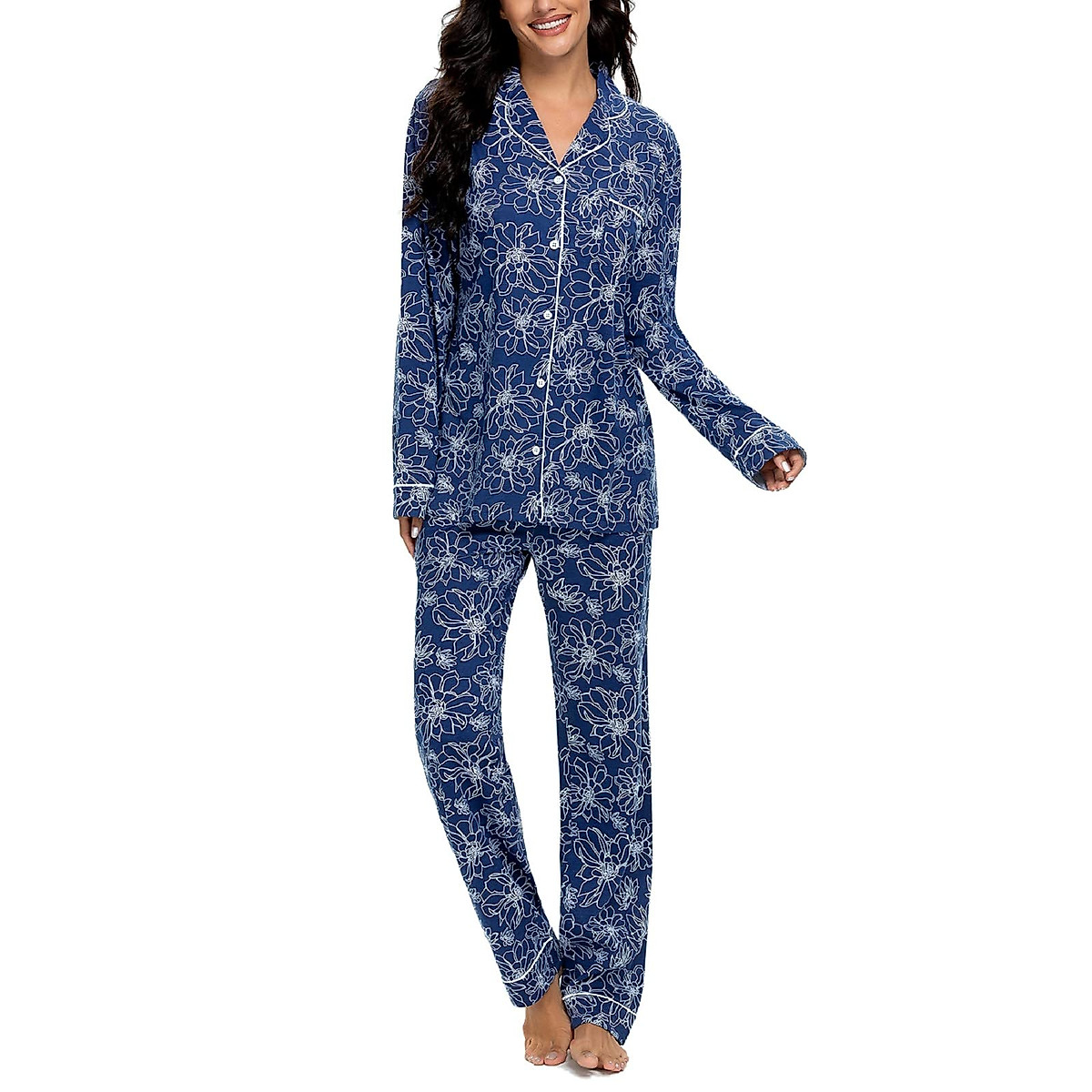Tugege Pajamas Set Long Sleeve Sleepwear Womens Button Down Nightwear Pj Sets (Deep Blue Peony, XX-Large)