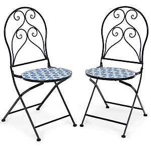 Giantex 2 Pieces Folding Bistro Chairs, Mosaic Patio Chairs with Ceramic Tiles Seat and Exquisite Floral Pattern, Outdoor Dining Chairs for Deck, Garden and Backyard (Blue & Black)