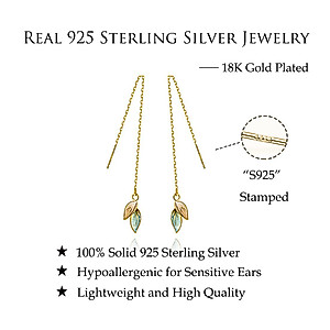 Reffeer Solid 925 Sterling Silver Leaf Chain Dangle Earrings for Women Teen Girls Leaf Dangle Drop Earrings Threader Tassel (B-18K Gold)