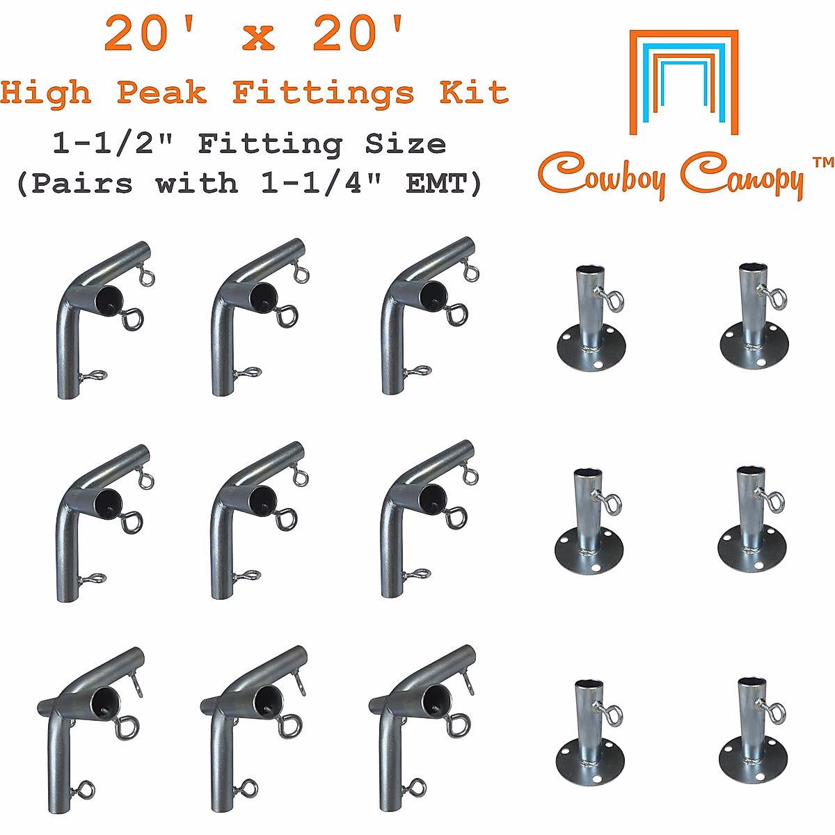 Carport Kit, 20' x 20' High Peak Canopy Fittings, DIY Metal Carport Frame Parts, 1-1/2" EMT Fittings