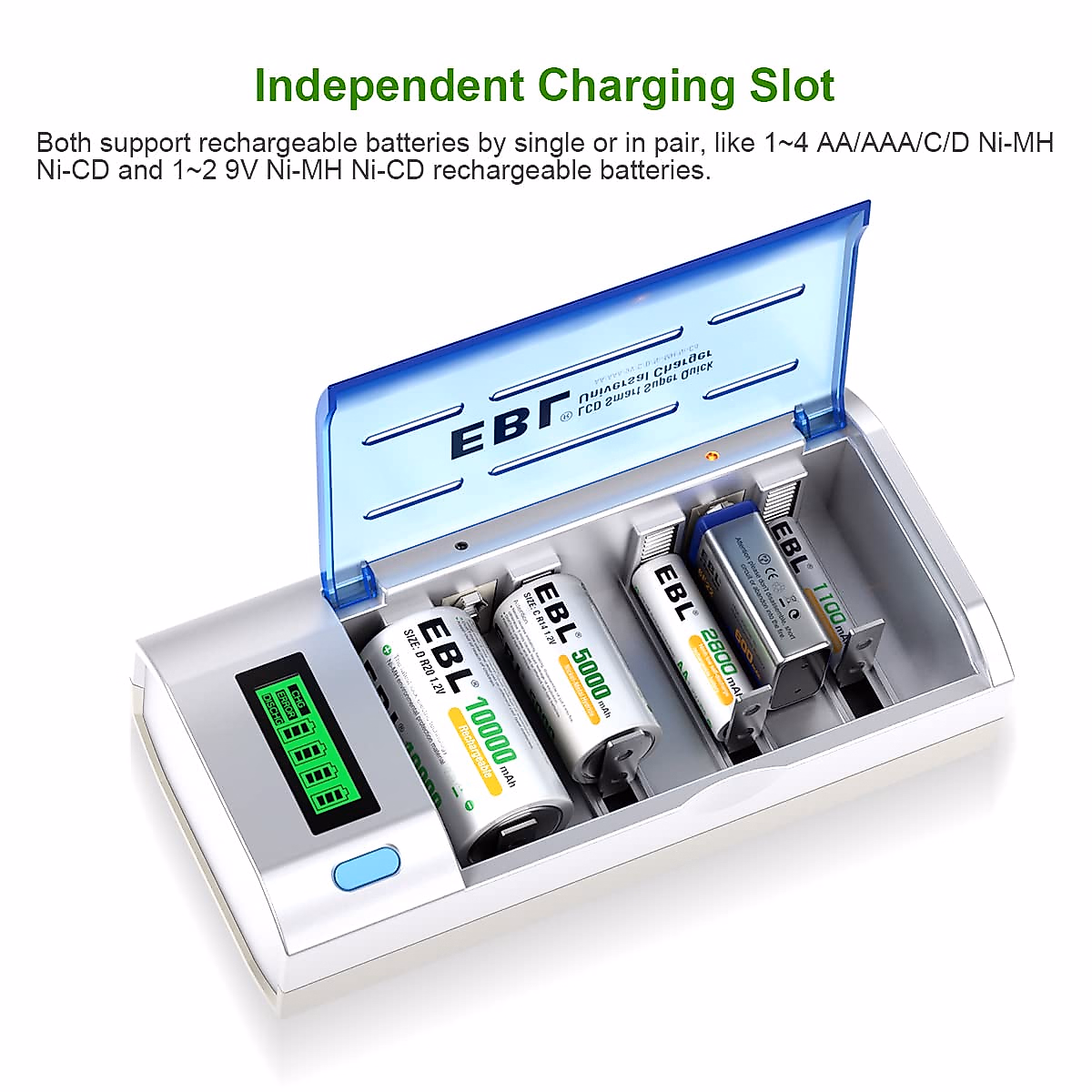 EBL 906 Smart Charger for AA AAA C D 9V Rechargeable Batteries with 4 Pieces 5000mAh C Rechargeable Batteries