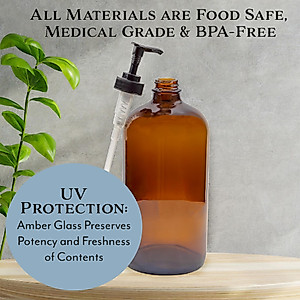 32-Ounce Amber Glass Lotion Pump Bottles (2-Pack); Quart Size Brown Bottles w/Black Plastic Locking Pump Dispensers; Includes Chalk Labels