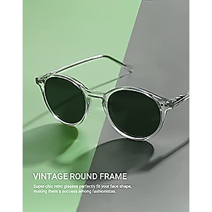 TIJN Polarized Colored Sunglasses for Womens Mens,Retro Small Round Frame,UV400 Protection Tinted Lens Sunnies(Clear+Green)