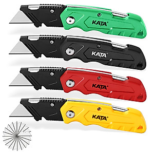 KATA 4-PACK Folding Utility Knife, Heavy Duty Box Cutter with 20pcs SK5 Quick Change Blades, Safety Lock Back Design, Used for Cutting Cartons, Cardboards and Boxes