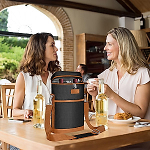 FOCHIER F 2 Bottle Wine Gift Bag, Insulated Wine Bottle Carrier Tote bag, Wine Cooler Bag for Travel, Picnic, Party, Dinner, Great Christmas Day Gift, Black