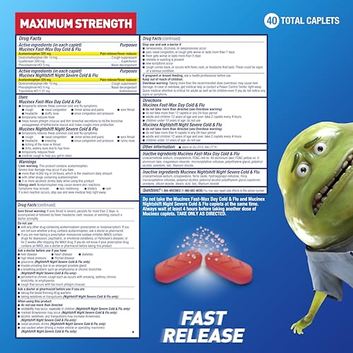 Mucinex Fast-Max Day Cold and Flu & Nightshift Night Severe Cold and Flu Medicine for Adults, Day/Night Combo Pack for Fever, Sore Throat Relief, Decongestant, Cough & Cold Medicines, 40 Caplets