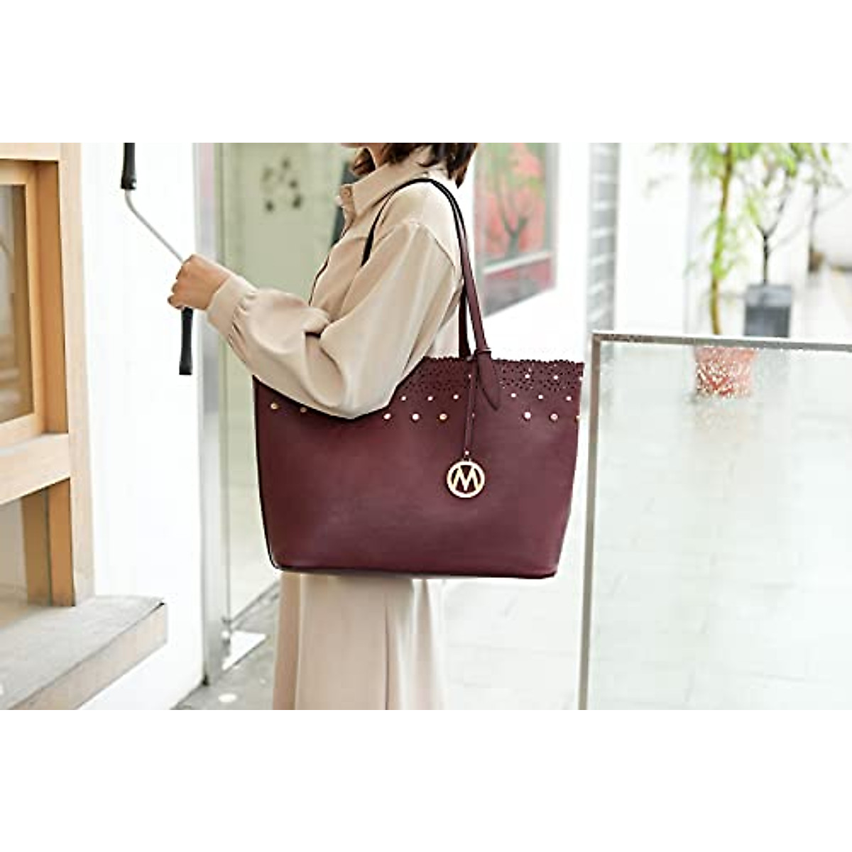 MKF Collection Tote Shoulder Bag for Women, Crossbody Purse & Wristlet -Pocketbook 3 PCs Handbag Set Beige