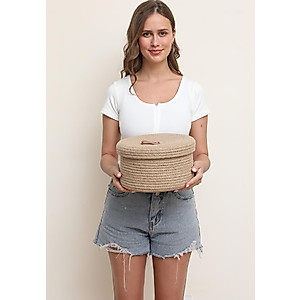 Cottonphant Set of 3 Stylish Round Woven Baskets with Lids - Elegant Storage Solution for Home Decor and Organization - Compact Shelf Baskets (Jute, 10"x6"-8"x5"-6"x4")