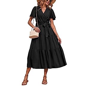 PRETTYGARDEN Summer Dresses for Women 2023 V Neck Wrap Short Sleeve Boho Midi Dress Tie Waist A Line Beach Sun Dresses (Black, Medium)