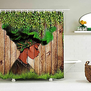 4Pcs African American Green Leaves Vine Shower Curtain Sets with Non-Slip Rugs,Toilet Pad Cover,Bath Mat and 12 Hooks,Afro Girl Waterproof Bath Curtain Black Art Bathroom Decor,Green Leaves Girl