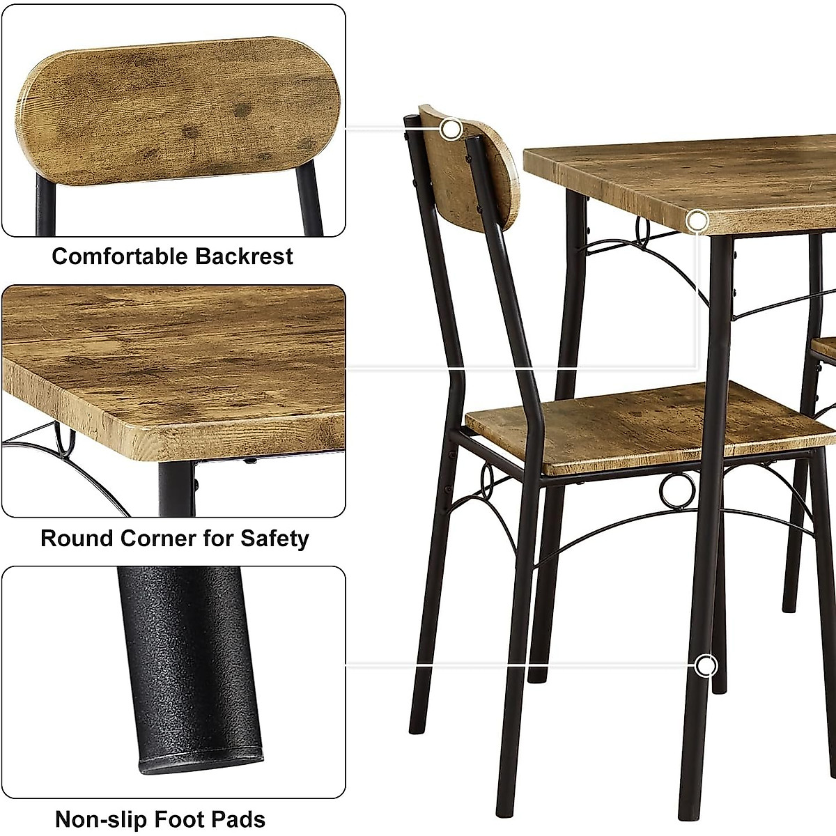 VECELO 3 Piece Dining Set, Metal and Wood Square Kitchen Breakfast Nook, Dinette, Table & Chair for 2, Brown