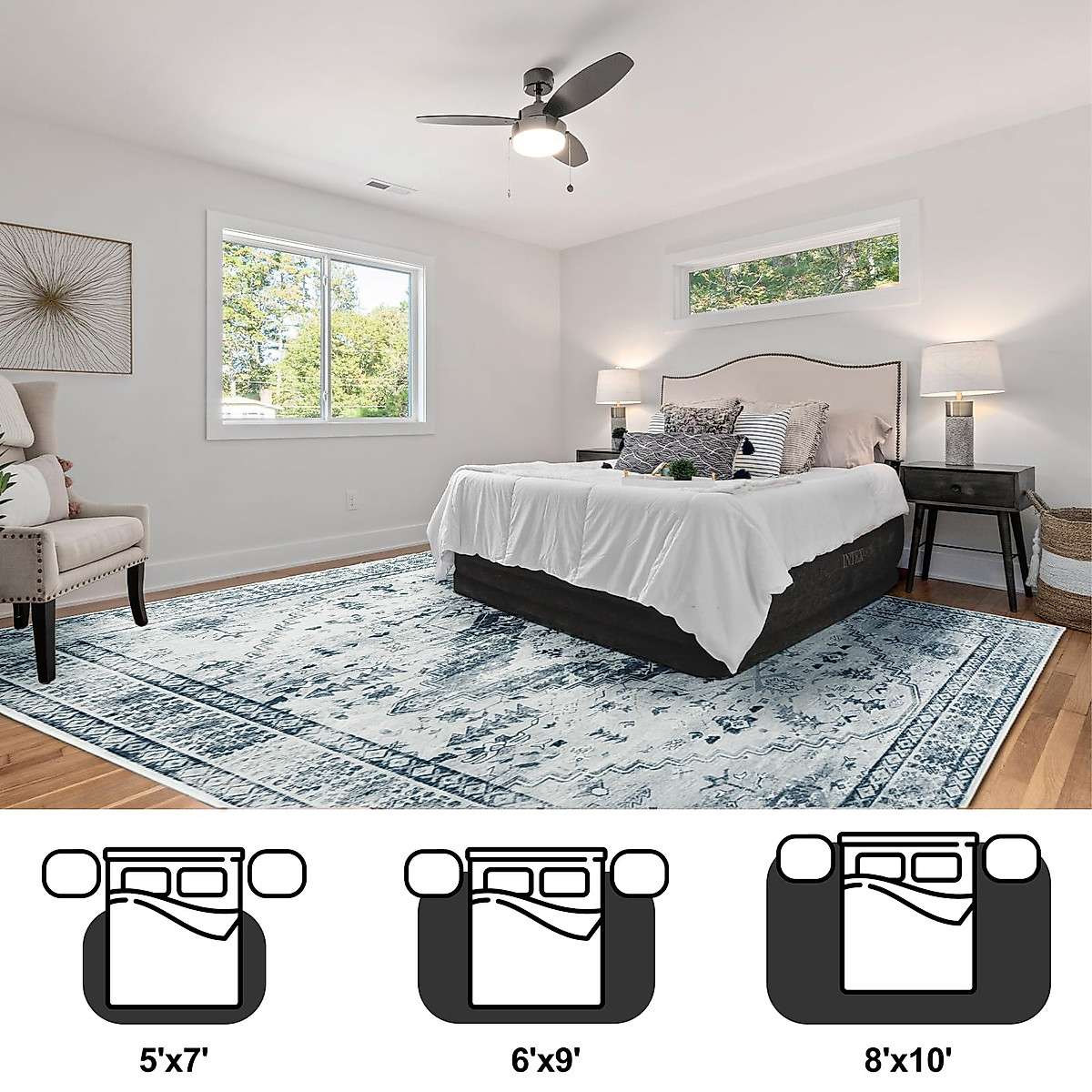 BESTSWEETIE Area Rug 8x10 Rugs for Living Room 8 x 10 Washable Rugs Non Slip Vintage Boho Living Room Rugs for Bedroom Dining Room, Distressed Pattern Carpet, Gray Black