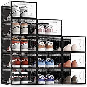 SEE SRPING XX-Large 12 Pack Shoe Storage Box, Clear Plastic Stackable Shoe Organizer for Closet, Shoe Rack Sneaker Containers Bins Holders Fit up to Size 14 (Black)