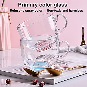 YAMSH Large Clear Glass Coffee Mugs Set of 2,14.8 oz(440ml)-Wide Mouth Tea Cups with Handle and Spoon Transparent Drinking for Cappuccino Cups, Latte, Milk color 4 Piece