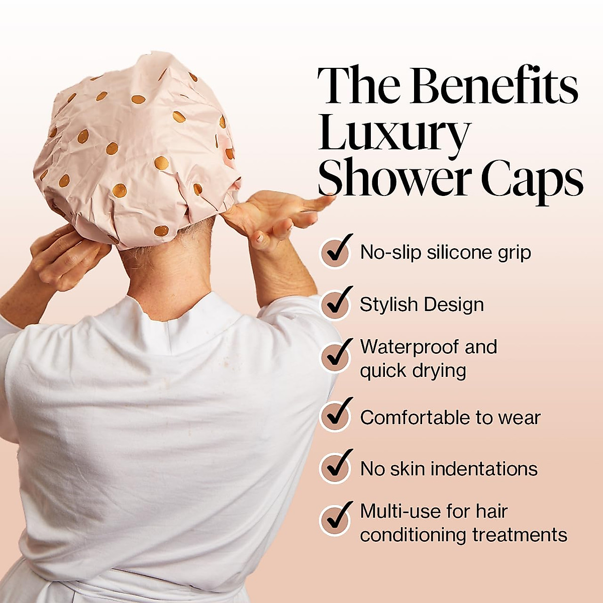 Kitsch Luxury Shower Caps for Women Reusable Waterproof - Large Shower Cap for Women and Men, Non-slip, Quick-dry Hair Cap for Long & Short Hair, Comfortable and Stylish Design - Blush Dot)