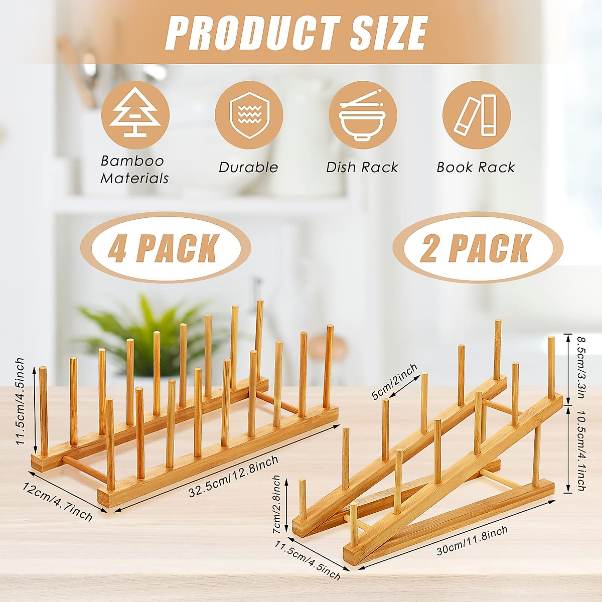 6 Pcs Bamboo Dish Rack 8 Slots Wooden Plates Rack Drying Organizer for Cabinet Classroom Book Organize Pot Lid Holder Bowl Cup Cutting Board Wood Display Stand for Kitchen Cabinet Storage Organizer