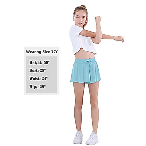 EXARUS Girls Butterfly Flowy Shorts Athletic Running 2 in 1 Cheer Preppy Tennis Dance Flutter with Pockets High Waisted Kids Light Blue 6Y