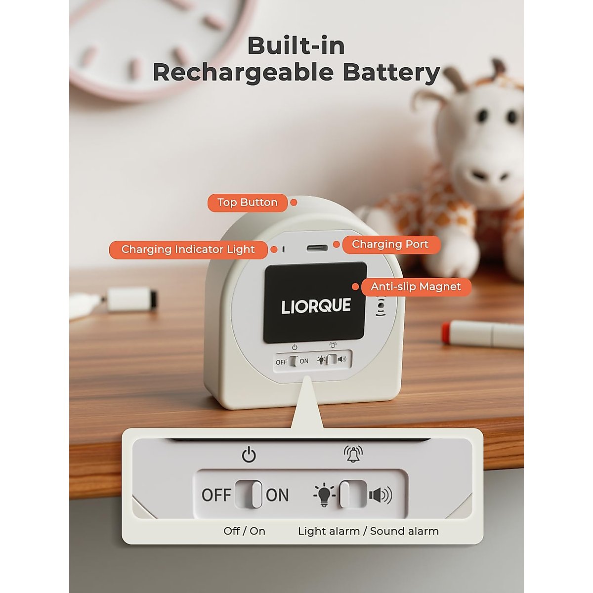 LIORQUE 60 Minute Visual Timer for Kids, Rechargeable Visual Countdown Timer Clock Kids Timer for Classroom, Desk Pomodoro Timer with 'Rainbow' Pattern Design and Magnetic Back