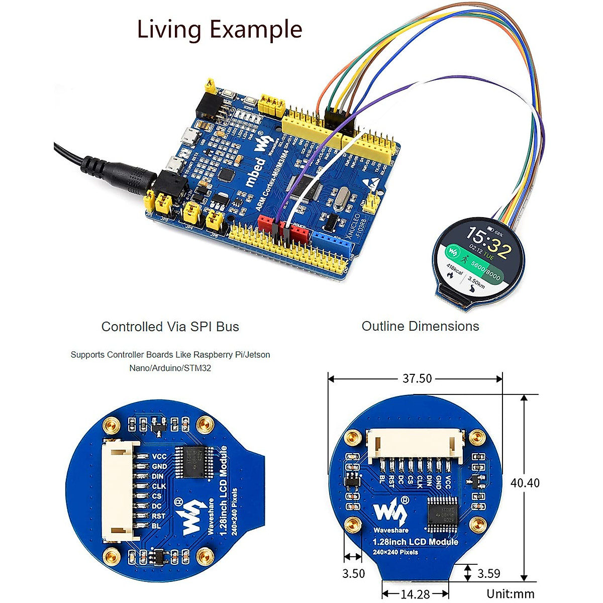 1.28inch Round LCD IPS Module 240x240 Resolution 65K RGB Colors SPI Interface for Arduino/Raspberry Pi/Jetson Nano/STM32