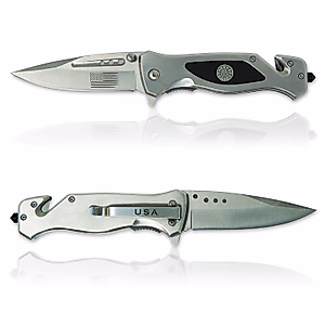 Military Gift Shop American Flag Folding Knife | Tactical Elite Knife | Stainless Steel Pocket Knife | USA Rescue Knife with 3.5 Inch Blade | Flag Knife Silver