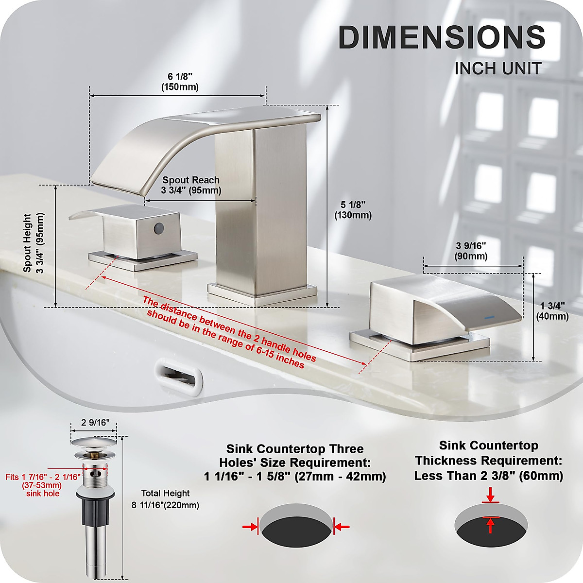 GAGALIFE Waterfall Bathroom Faucets for Sink 3 Hole - Brushed Nickel Bathroom Faucet with Pop-up Drain, 8 Inch Widespread Bathroom Sink Faucet 2-Handles, Modern Vanity Faucet with Supply Lines