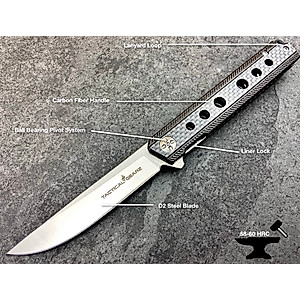TACTICAL GEARZ Carbon Fiber EDC Pocket Knife! TG Torus, Carbon Fiber Handle! Razor Sharp D2 Steel Blade! Ball Bearing Pivot System Open! Includes Sheath! (Torus)