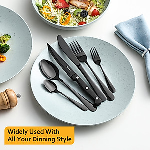 Velaze 48Pcs Black Silverware Set for 8 with Steak Knives, Stainless Steel Flatware Set, Mirror Polished Cutlery Set, Home Eating Tableware Set, Kitchen Utensils Set With Forks Spoons and Knives Set