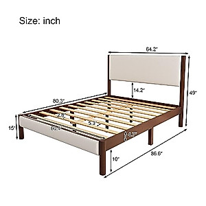 Merax Modern Farmhouse Solid Wood Platform Bed with Upholstered Headboard, Queen Bed Frame/No Box Spring Needed, Rich Walnut