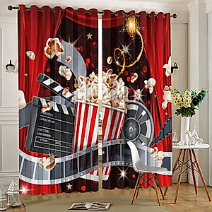 Kazynee Movie Theater Theme Room Darkening Blackout Window Curtains with Grommets,Modern Luxury Cinema Film Elements 3D Print Energy Efficient Window Treatment for Living Room 2 Panels 63L x 21W
