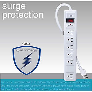 KMC 6-Outlet Surge Protector Power Strip, 2-Pack, 1200 Joules, 6ft Cord, Adapter Spaced Outlet, Overload Protection, White