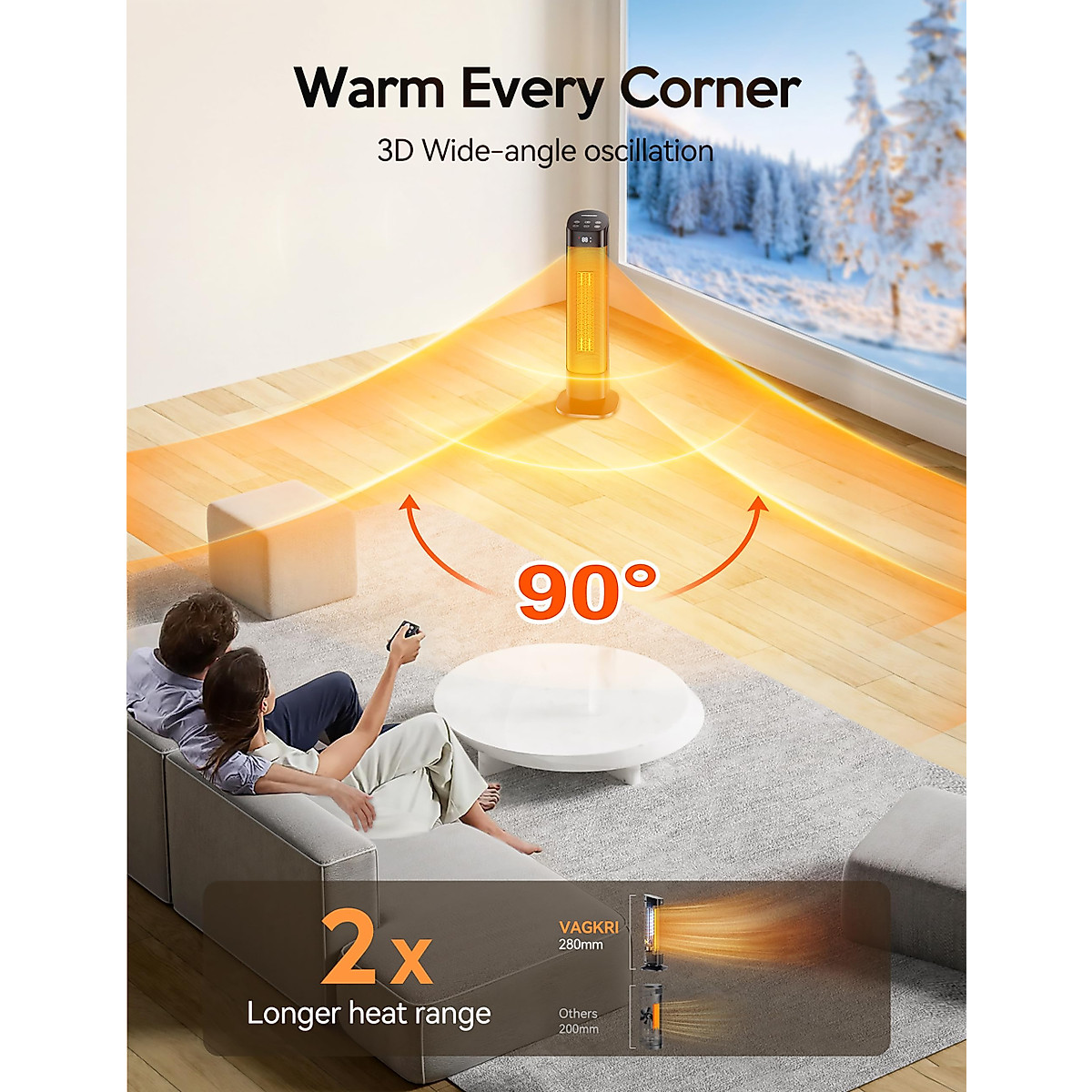 VAGKRI 24" Space Heater, 1500W PTC Ceramic Heater with Adjustable Thermostat, 3 Modes, 90° Oscillating, Timer, Remote Control, Electric Heaters for Indoor Use Large Room, Home, Office