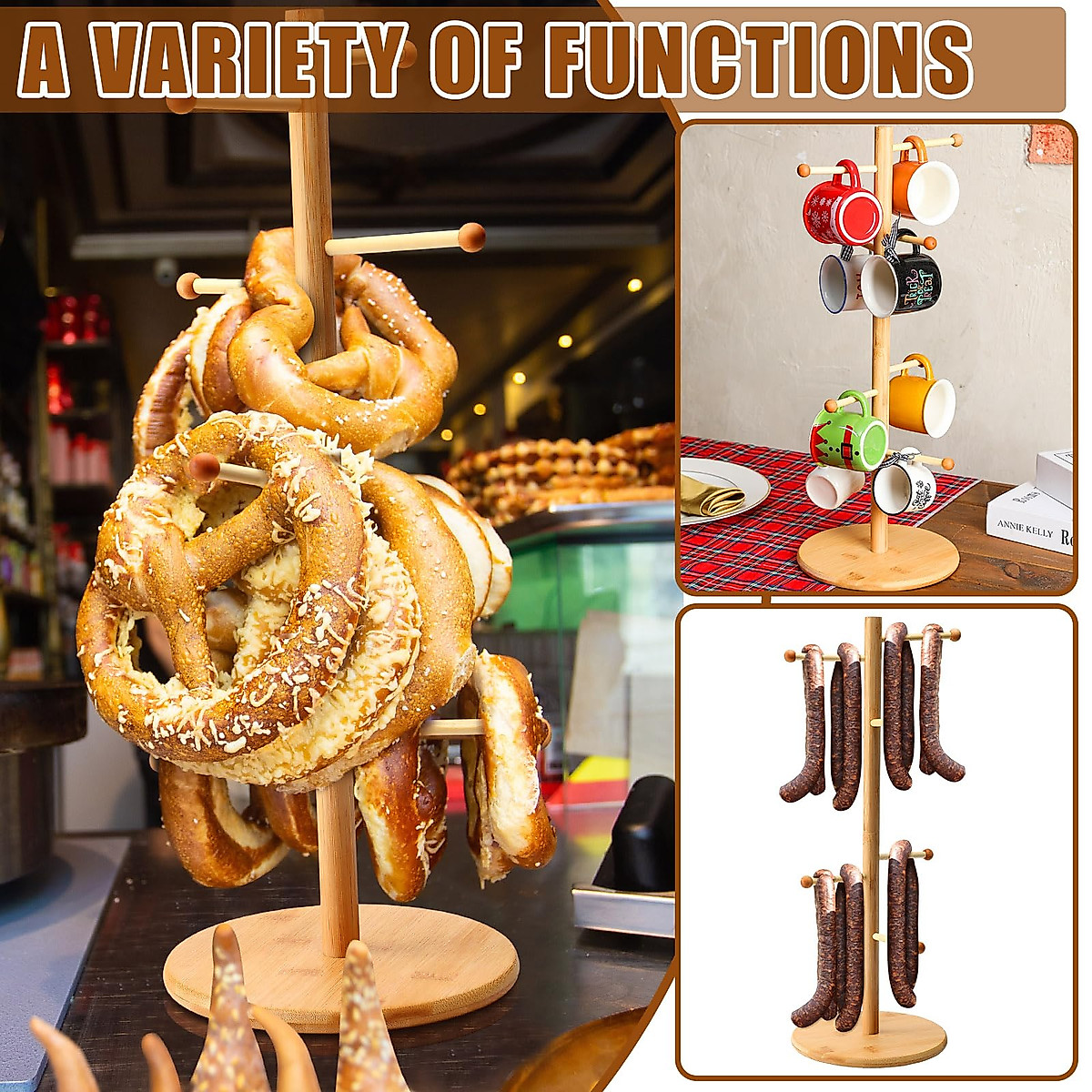 RimCereal 1 Pcs Bamboo Pretzel Stand Holder with Arms Sausage Stand Oktoberfest Coffee Mug Tree Pretzel Stand for Oktoberfest Party (50 x 19.5 x 19.5cm)