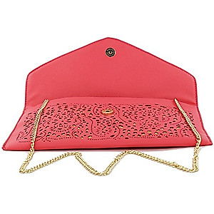 imentha Women Perforated Cut Out Pattern Gold Accent Background Chain Pouch Fashion Clutch Handbag Wedding Party Purses Envelope Evening Day Clutch Bag For Women Ladies (Watermelon Red)