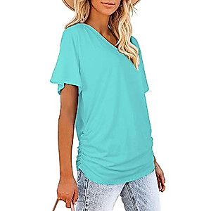 MYCOLORBLUE Women's V Neck T Shirts Short Sleeve Summer Casual Loose Dolman Tops with Side Shirring Aquamarine S
