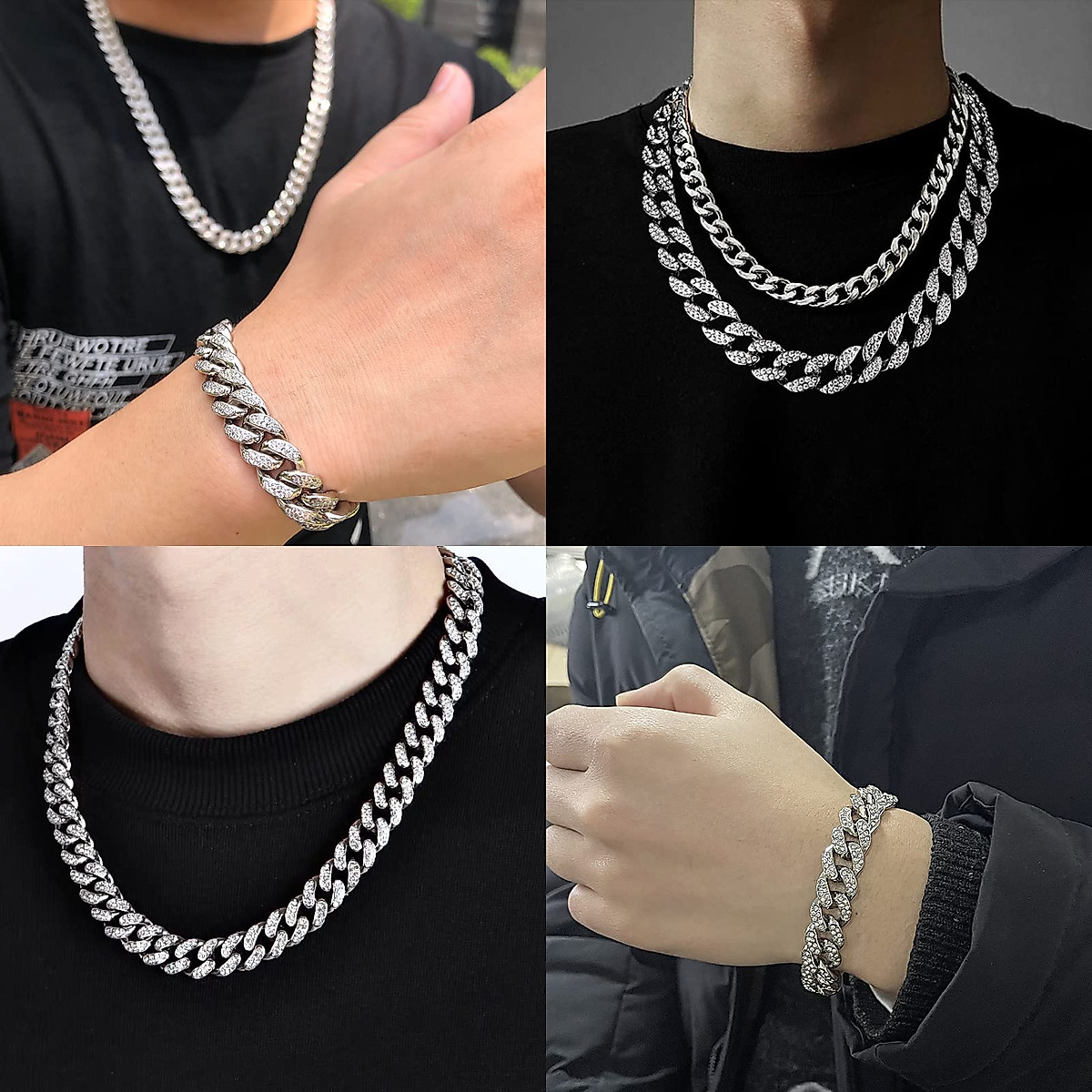 GIHENHAO 2pcs Cuban Link Chain for Men,Silver Necklace and Bracelet,Miami Cuban Chains,Bling Diamond Chain for Hip Hop Jewelry